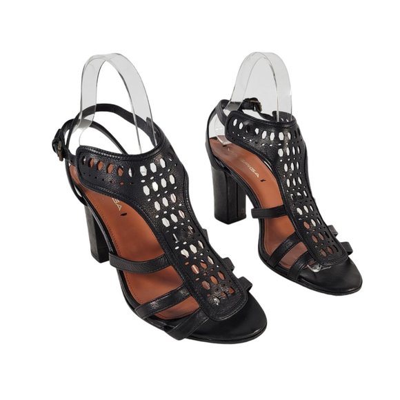 Via Spiga | Shoes | Via Spiga Black Leather Fala Sling Back Ankle Strap Sandal Heels Women Size ...